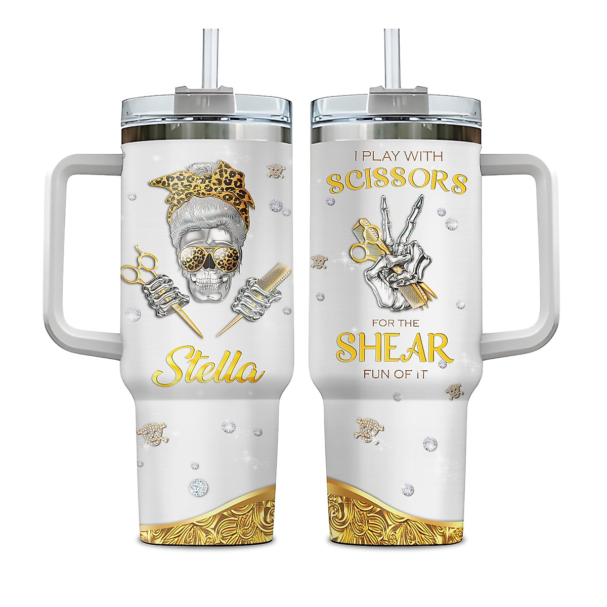 HHyturtle Personalized Hair Stylist 40 oz Tumbler With Handle and Straw Lid, Funny Skull Messy Bun Stainless Steel Coffee Cup, Salon Owner Gifts Hairdresser Mug With Name