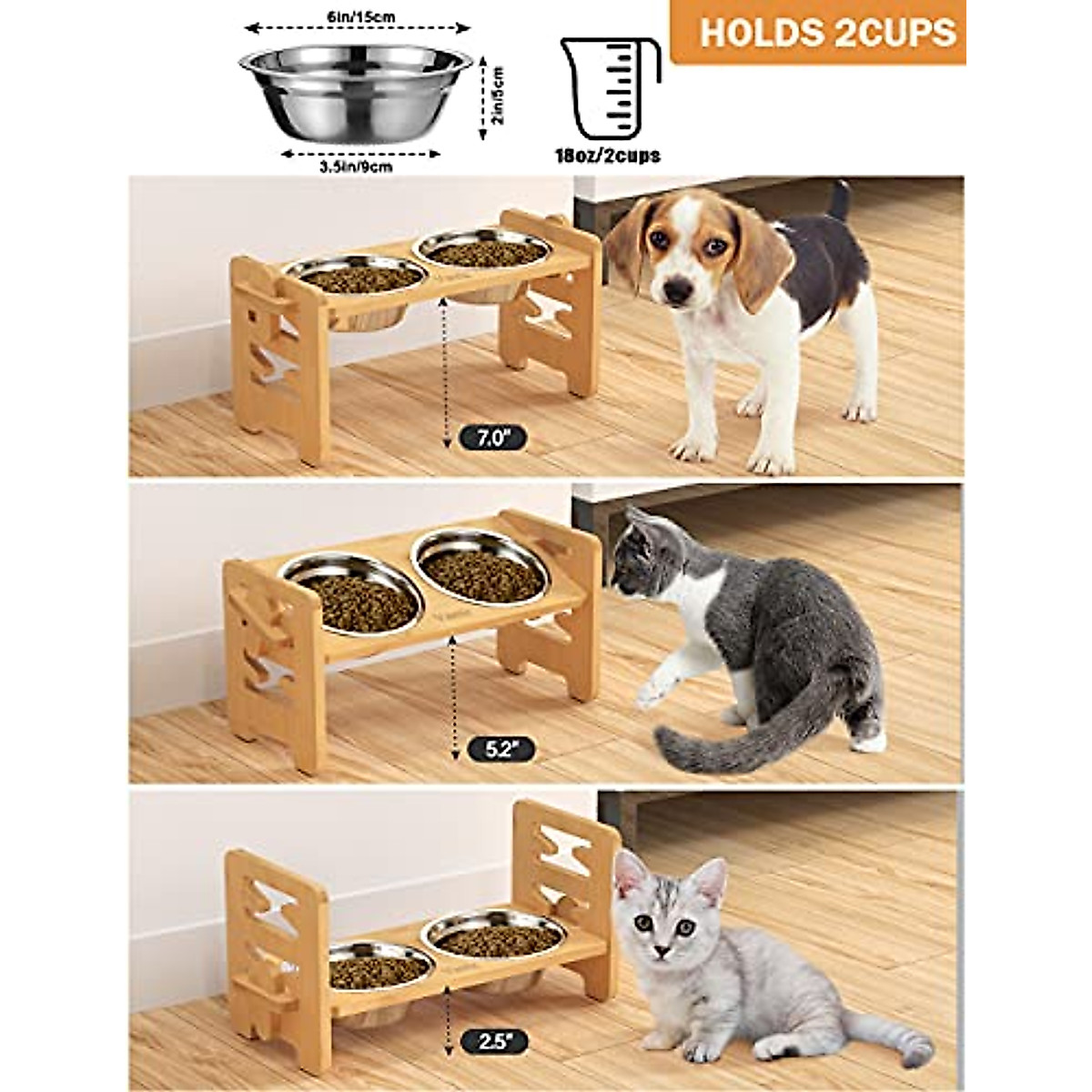 Vantic Elevated Dog Bowls-Adjustable Raised Dog Bowls with Stand for Small Size Dogs and Cats,Durable Bamboo Dog Feeder with 2 Stainless Steel Bowls and Non-Slip Feet
