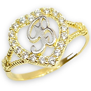 12 MM LONG LADIES TWO TONE HEART INITIAL CURSIVE ALPHABET LETTER RING REAL 10K YELLOW GOLD 4009 (J)