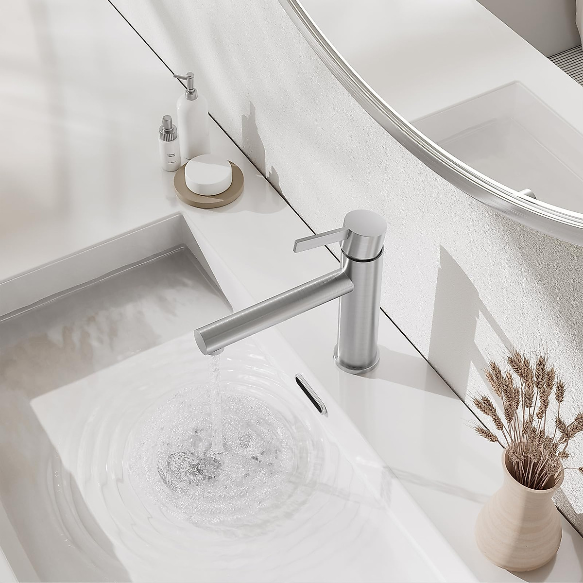 Phiestina Single Hole Single Handle Low Arc Brushed Nickel Bathroom Sink Faucet, Basin Faucet with Metal Pop-up Drain & Water Supply Line, FH01-BN