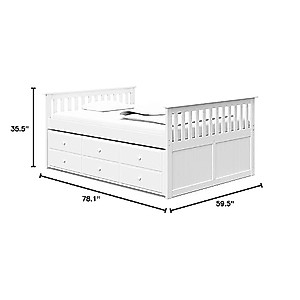 Storkcraft Marco Island Full Captain's Bed Full Twin Sized with Trundle, Bunk Bed Alternative, Great for Sleepovers, Underbed Storage/Organization, White