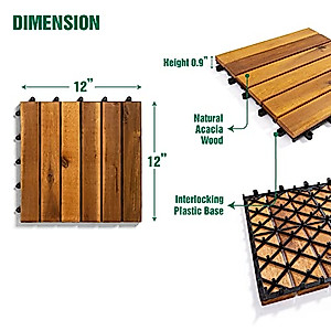 YAMAZING 12”x12” Solid Wood Interlocking Flooring Tiles (Pack of 9), Acacia Hardwood Deck Tiles, Floor Tile for Both Indoor & Outdoor Use, Patio Garden, Waterproof All Weather, 6 Slat (9 Sq Ft)