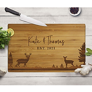 Andaz Press Personalized Large Bamboo Wood Cutting Board Gift, 17.75 x 11-inch, James & Emma, Est. 2024, Rustic Deer Forest, 1-Pack, Custom Engraved Serving Chopping Board Christmas