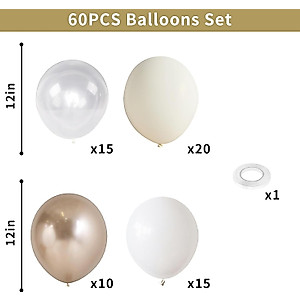 Nude White Gold Balloons, 60PCS Metallic Champagne Gold Cream White Clear Balloons White Sand Blush Beige Transparent Party Balloons for Birthday Boho Wedding Anniversary Engagement Hen Decorations