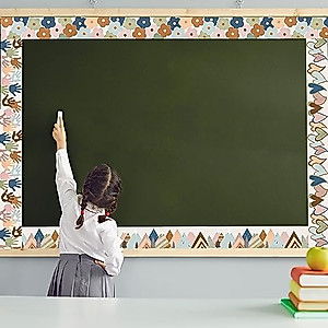 AnyDesign 60Pcs Boho Morandi Bulletin Board Borders with 100Pcs Glue Points 5 Design Heart Rainbow Handprint Die-Cut Trim Borders Classroom Borders for School Classroom Office Chalkboard Decorations
