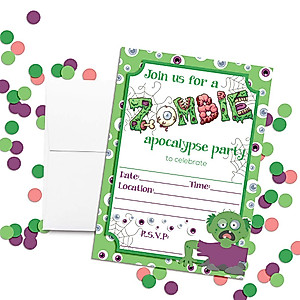 Zombie Apocalypse Halloween Birthday Party Invitations, 20 5x7 Fill In Cards with Twenty White Envelopes by AmandaCreation