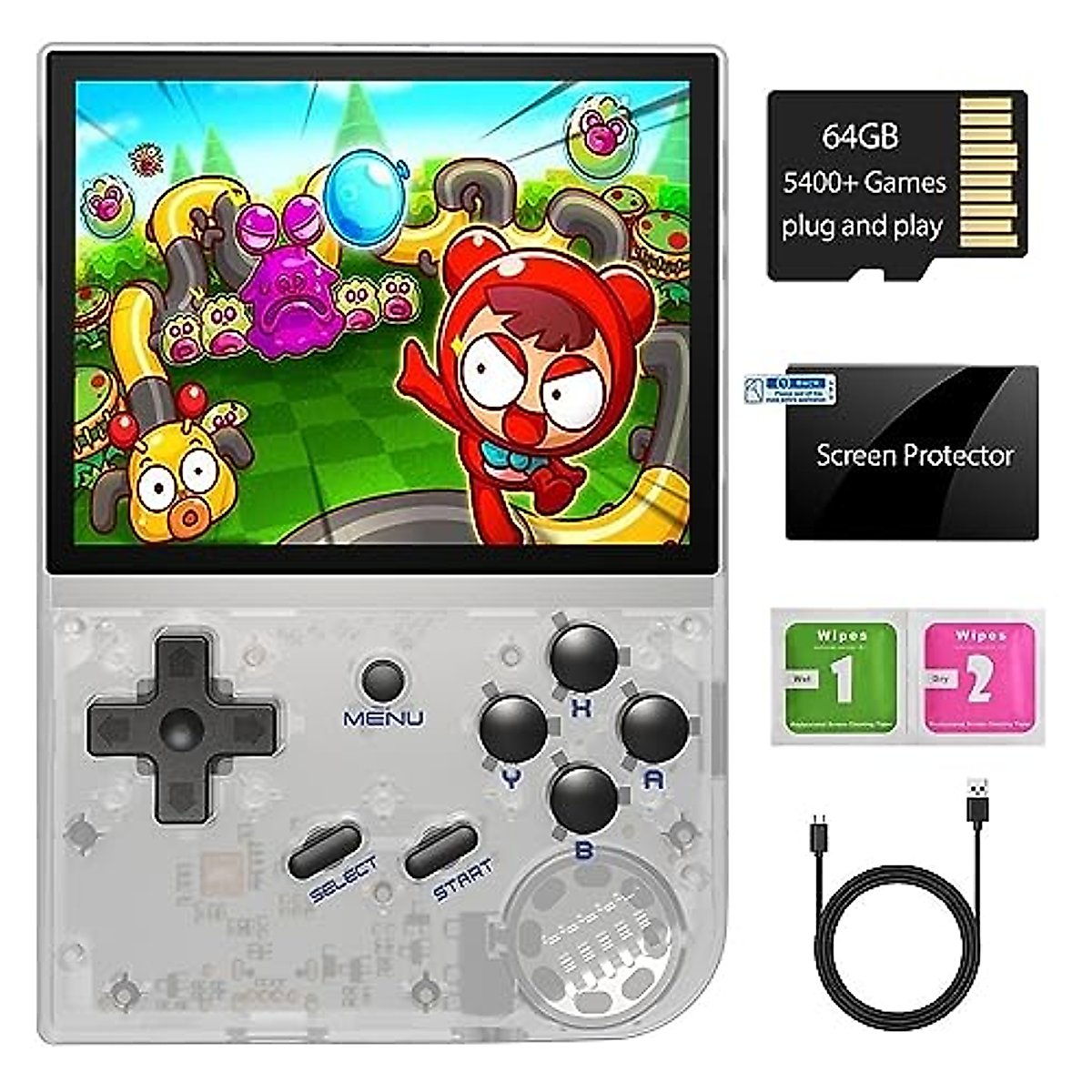 RG35XX Handheld Game Console , 3.5 Inch IPS Screen Linux System Built-in 64G TF Card 5474 Classic Games Support HDMI TV Output (Transparent White)