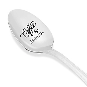 Coffee and Jesus Stainless Silver Engraved Spoon | Religious Wedding Present | Pastor Gift Idea | Love of Parents - Children Son/Daughter | Spiritual Holy Gift for Christmas Coffee Lovers - 7 Inch