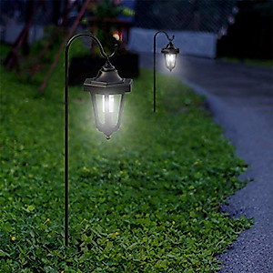 Pure Garden 50-123 Solar Powered Set of 2, 32” Hanging Coach Lanterns with 2 Shepherd Hooks-LED Outdoor Lighting for Gardens, Pathways, and Patio, Black