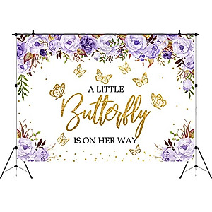 Aperturee A Little Butterfly is On The Way Baby Shower Backdrop 7x5ft Purple Floral Gold Dots Girls Princess Photography Background Party Decoration Supplies Cake Table Banner Photo Booth Props