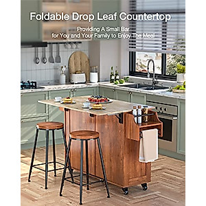 Qsun Kitchen Island with Drop Leaf and Storage, on Wheels Two Drawers, Large Storage Cabinet, Towel Rack Spice Cart Brown