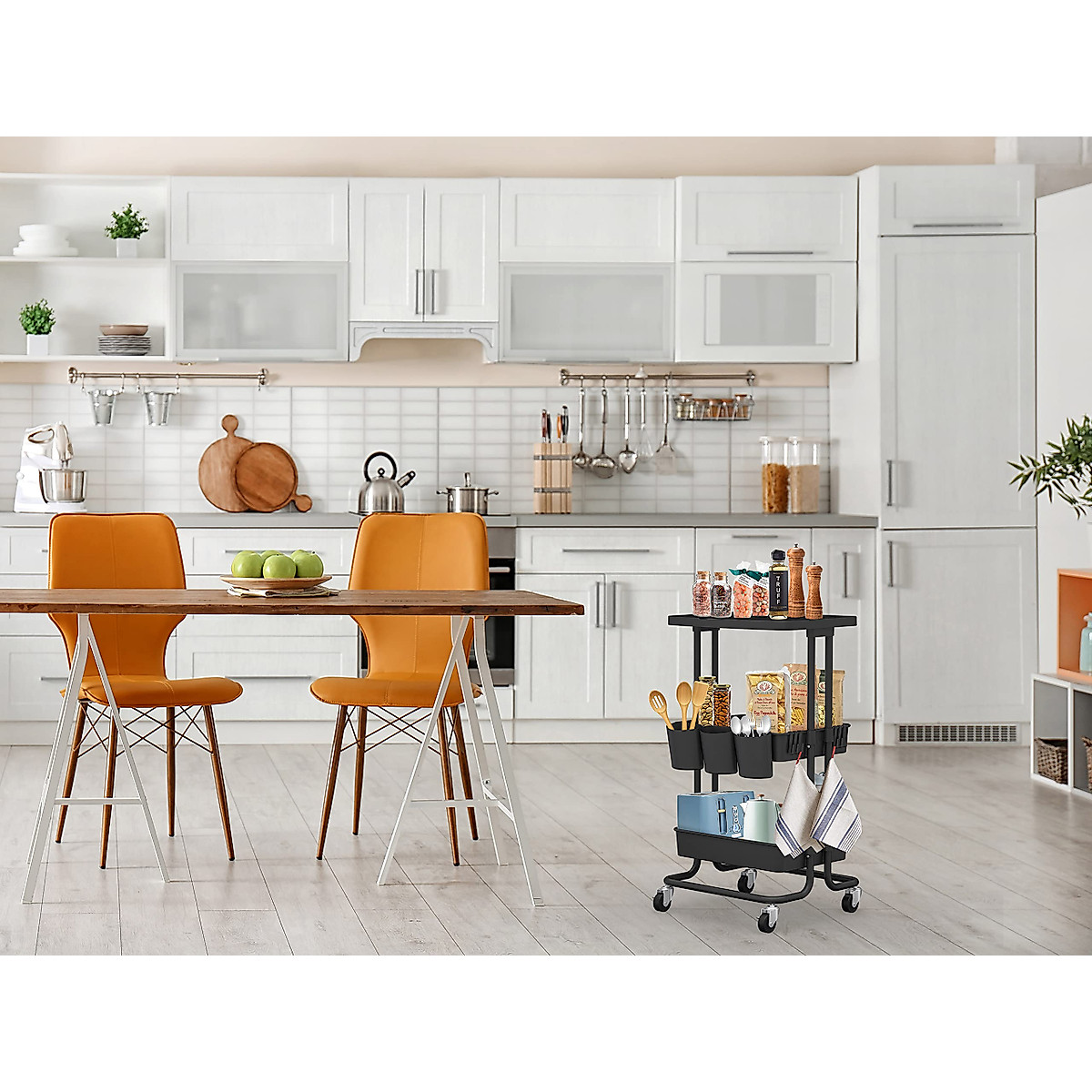 CAXXA 3-Tier Rolling Storage Organizer with Tabletop and 3 Small Baskets - Mobile Utility Cart, Printer Cart, Kitchen Cart (Black)