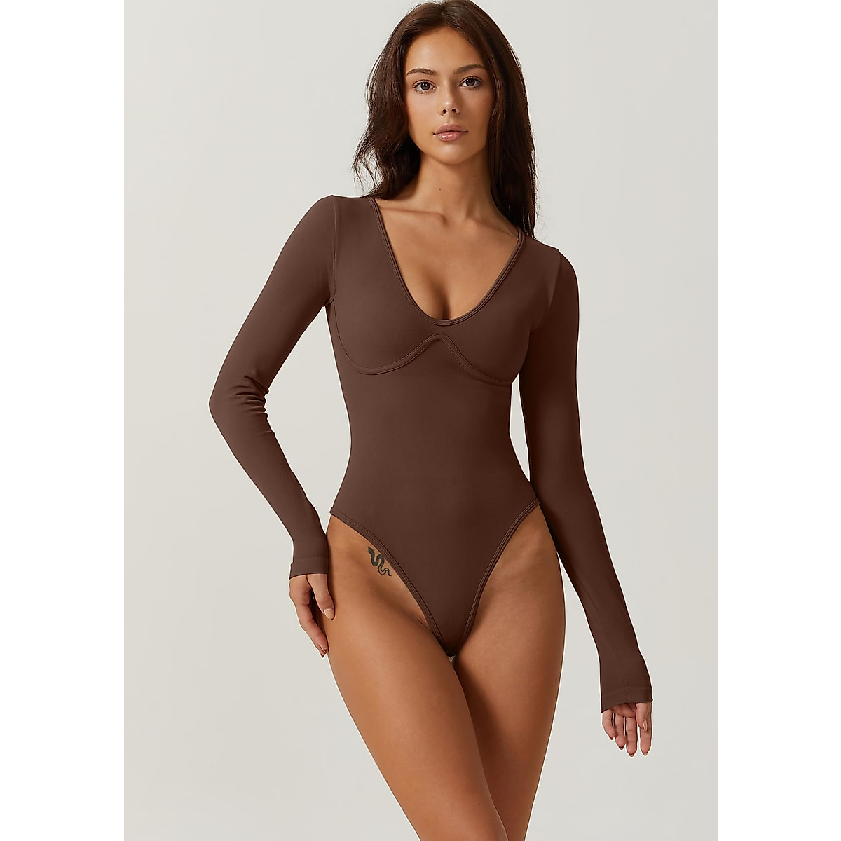 QINSEN Woman's Thick Long Sleeve Slimming Fit One Piece Bodysuit for Fall Winter Brown M