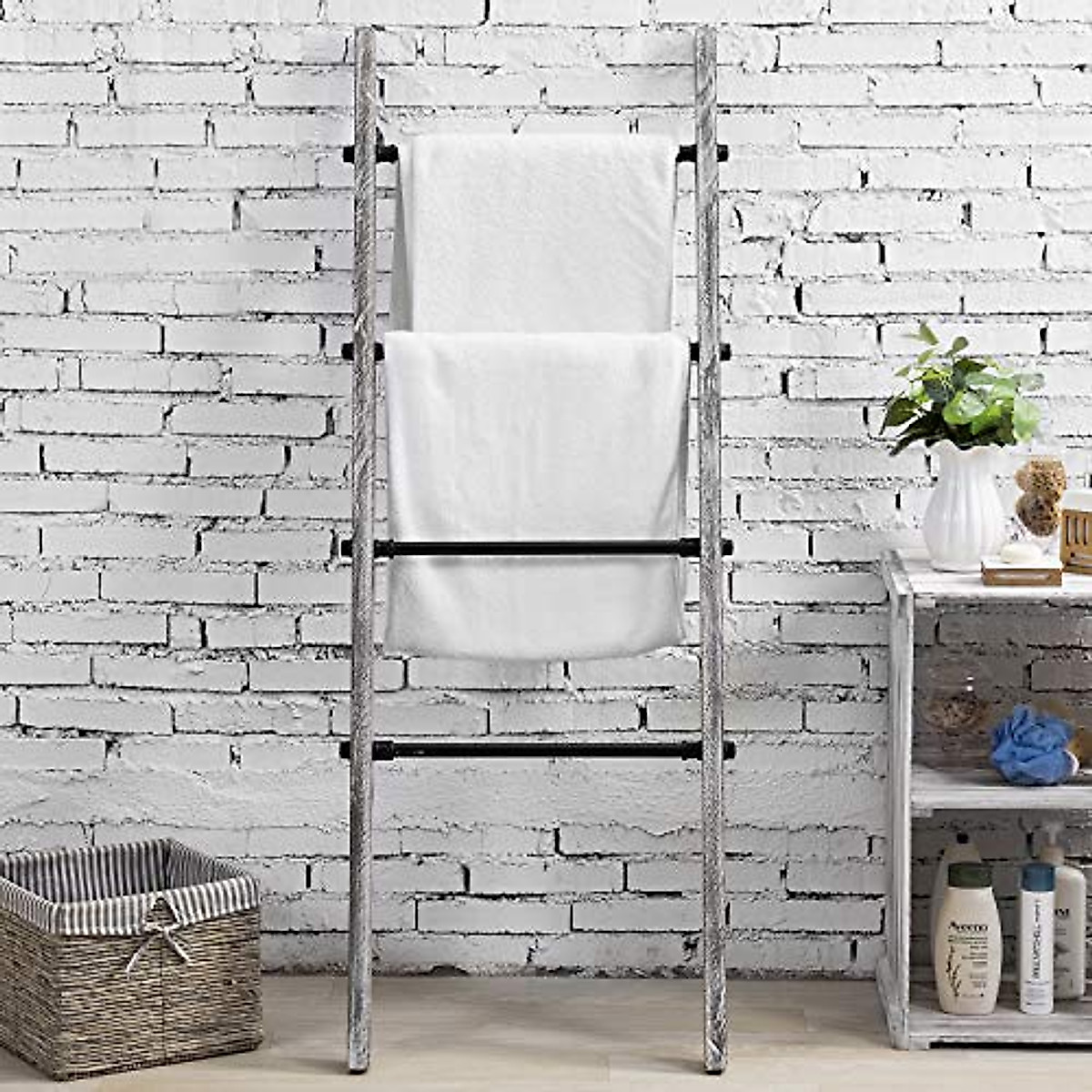 MyGift 5 Foot Graywash Wood Blanket Ladder Wall Leaning Towel Rack with 4 Metal Rung, Farmhouse Home Storage Decor for Living Room, Bathroom, Bedroom