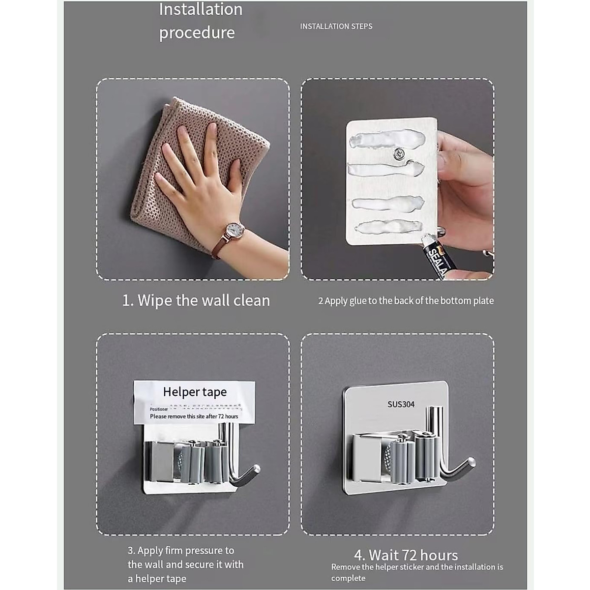 3-pack punch-free stainless steel broom and mop multifunctional rack hooks - self-adhesive and no drilling required - universal for kitchen, bathroom and garden (silver)