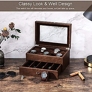 BEWISHOME Watch Box Luxury Watch Case -10 Slots Watch Organizer for Men with Drawer, Large Glass Top, Faux Leather,Brown SSH34Z