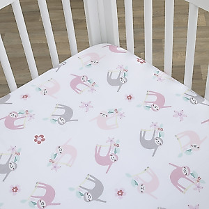 NoJo Little Love Tropical Garden Pink, Grey, and White Sloth Super Soft Fitted Crib Sheet