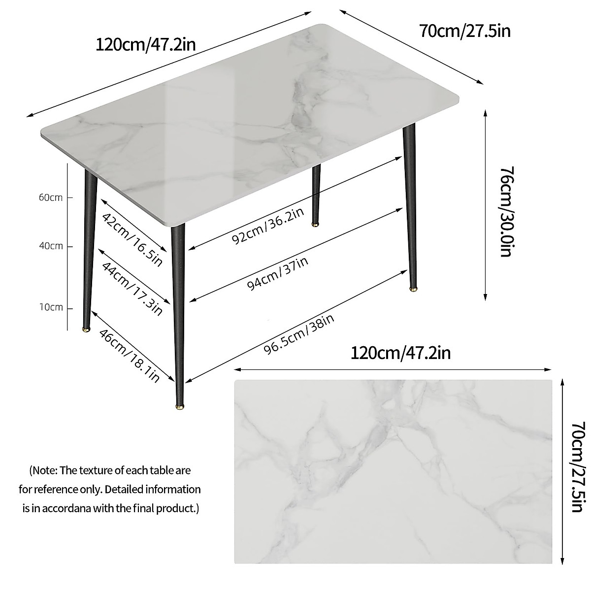 Wisfor Sintered Stone Dining Table: 47.2x27.5 Inch White Kitchen Table with Metal Legs for Dining Room - 6-Seat Restaurant Table (No Chairs)
