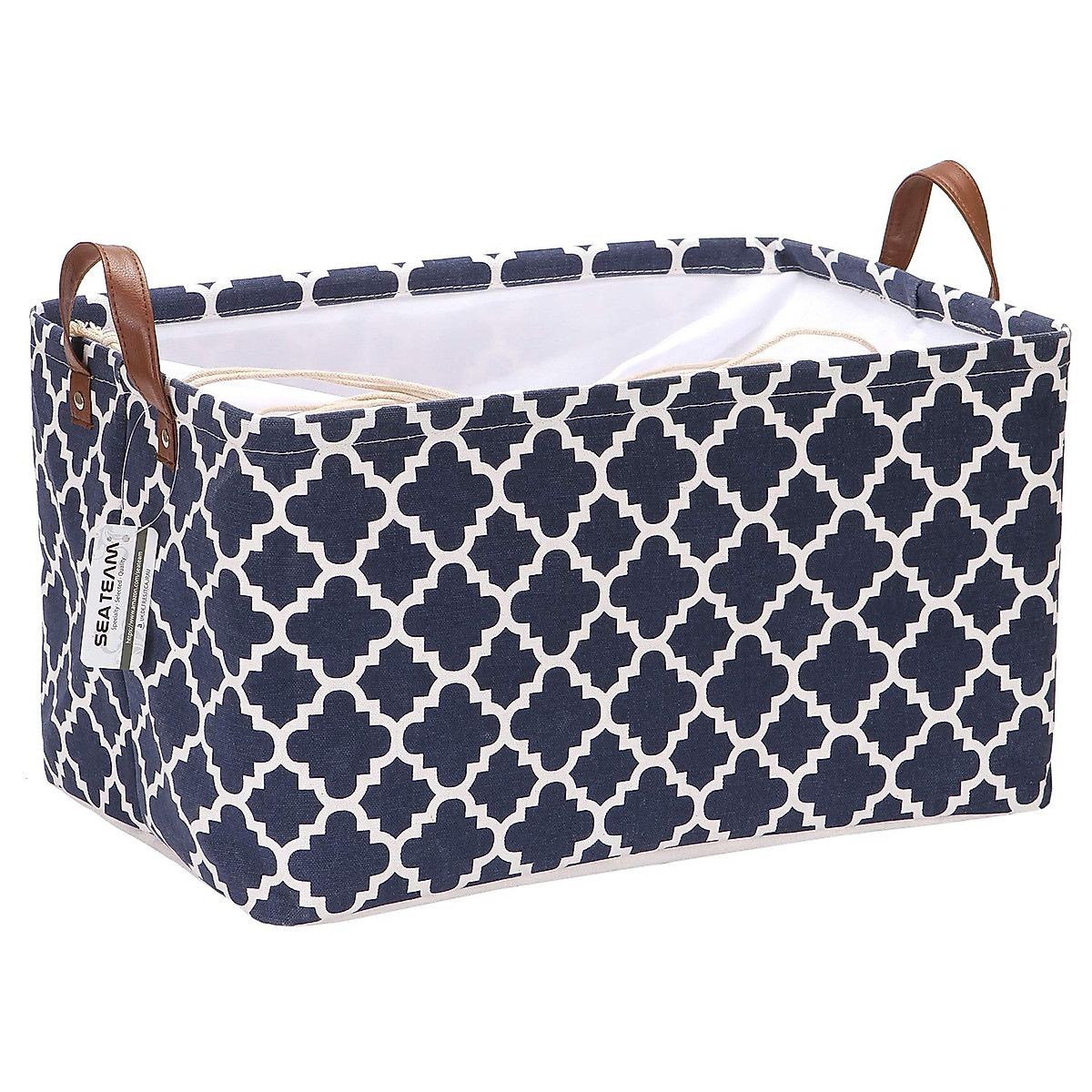 Sea Team Moroccan Lattice Pattern Canvas Fabric Storage Basket Collapsible Geometric Design Storage Bin with Drawstring Cover and PU Leather Handles, 16.5 by 11.8 inches, Waterproof Inner, Dark Blue