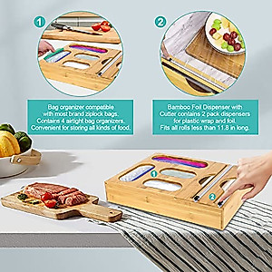 Bamboo Ziplock Bag Organizer, TWSOUL 6-IN-1 Foil and Plastic Wrap Dispenser with Organizer, Wall-mounted Wrap Organizer with Cutter for Storing Gallon, Quart, Snack Bags and Cutting Plastic Wrap, Foil