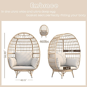 wallowsun Oversized Wicker Egg Chair,All-Weather Indoor Outdoor Lounge Chairs with 4 Cushions, 460lb Capacity,Egg Basket Chair for Patio Backyard Balcony Living Room