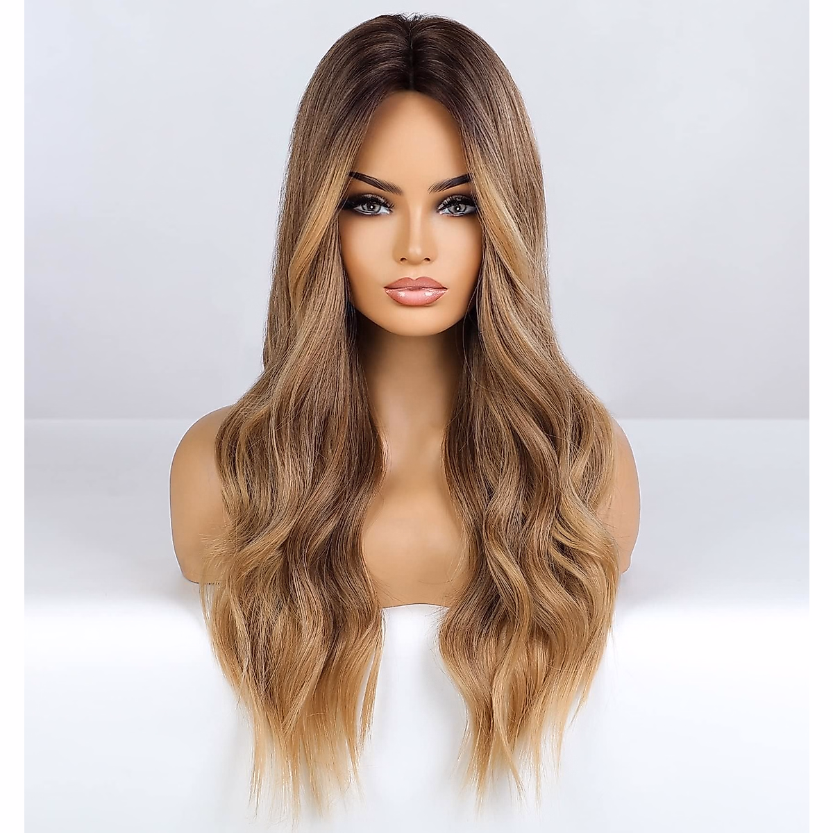 EALGA Warm Medium Brown Wigs, Long Natural Loose Curls Hair Wigs for Women, Full Synthetic Wig with Dark Roots, 22 inch EALGA-231