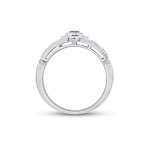 AFFY 10K Solid White Gold Vintage Style Cushion & Round Simulated Sapphire & White Natural Diamond Engagement Ring Size 7