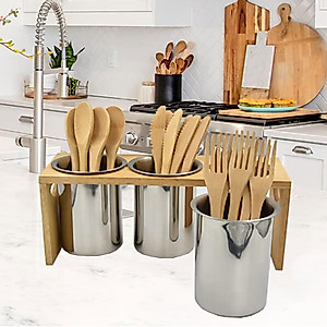 Flatware Caddy Stainless Steel Cutlery Holder with Wood Base
