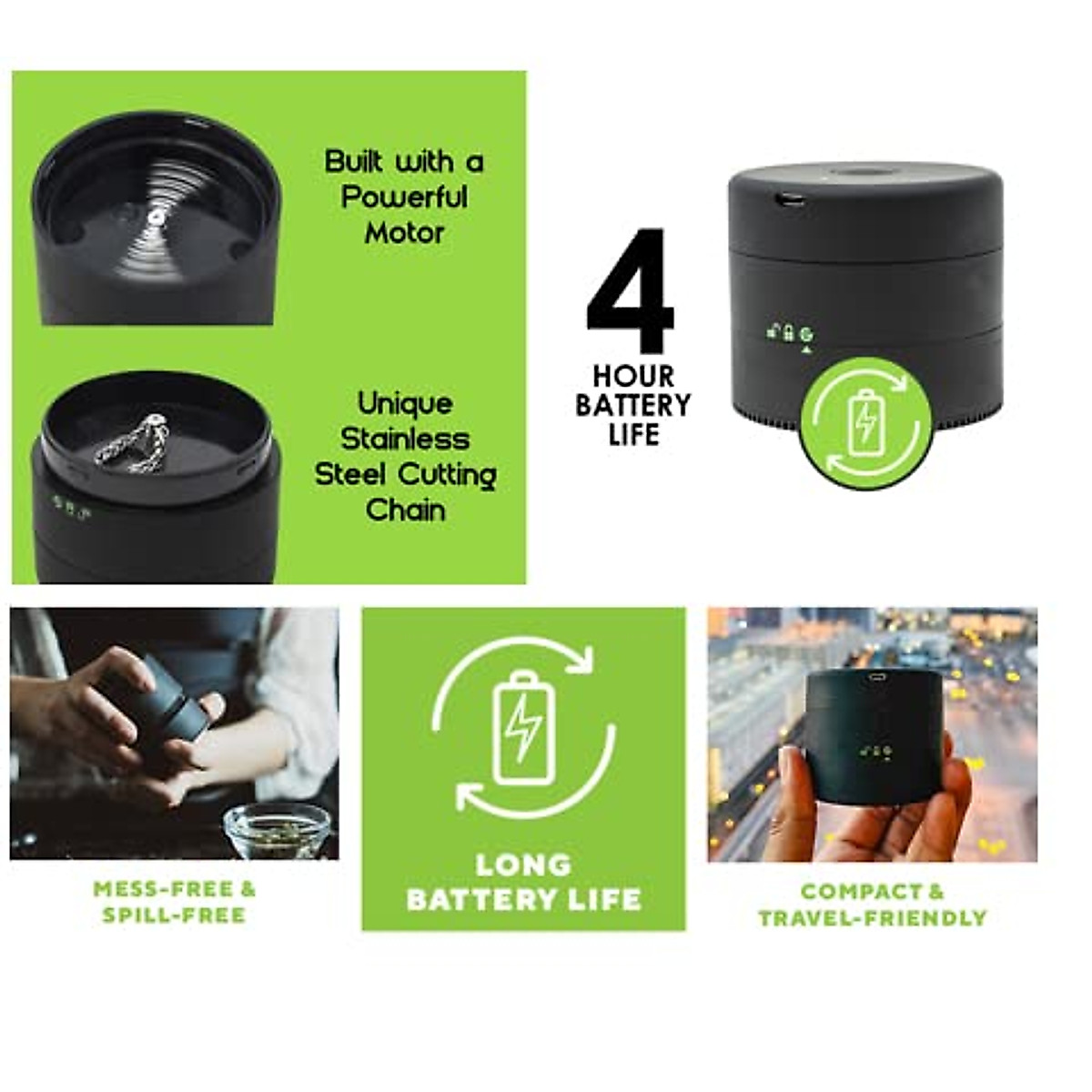 GrindE Handheld Electric Dry Herb Grinder Spice Grinder USB Rechargeable Black