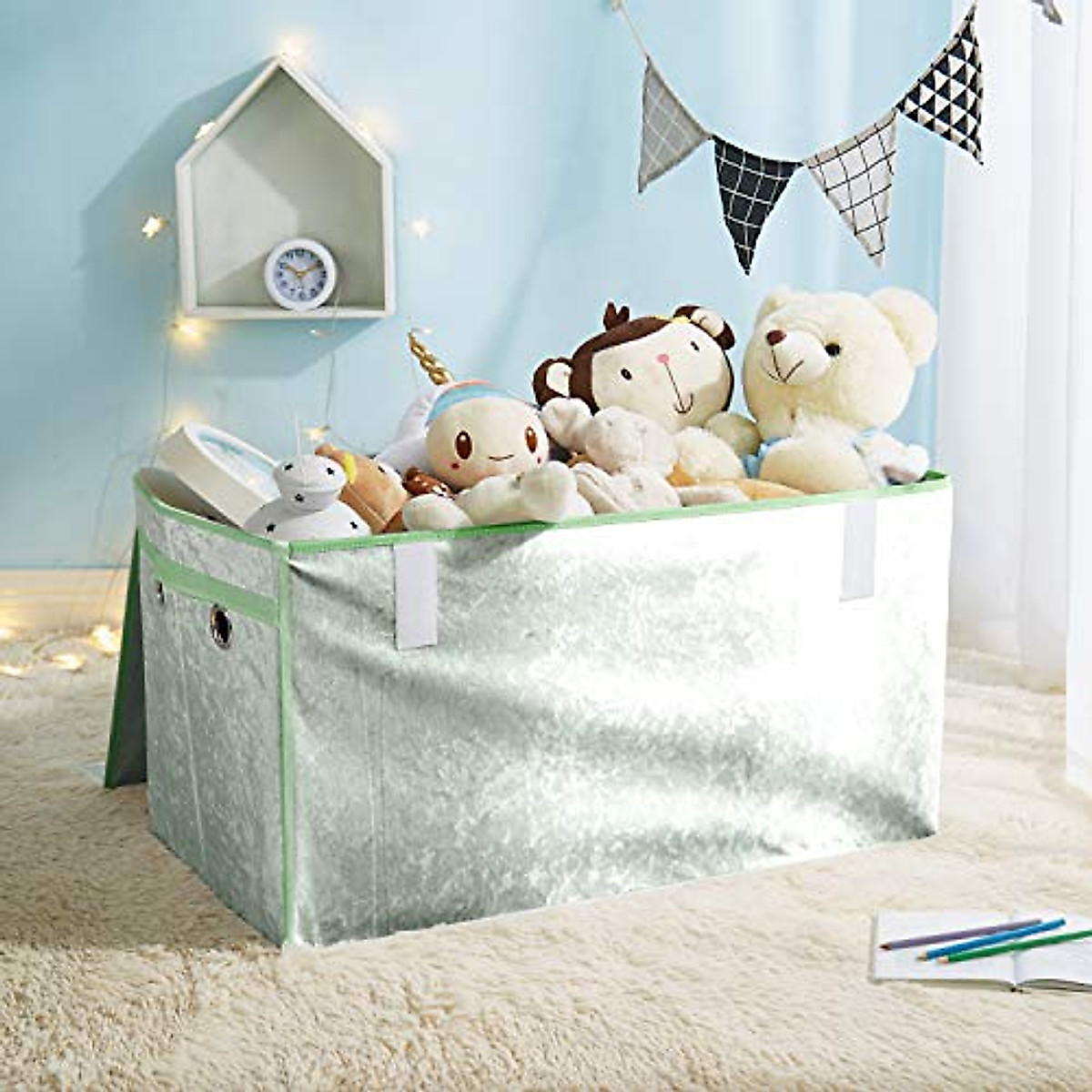 Urban Shop Collapsible Crushed Velvet Storage Trunk with Lid in Mint, 30" W x 16" D x 14.5" H