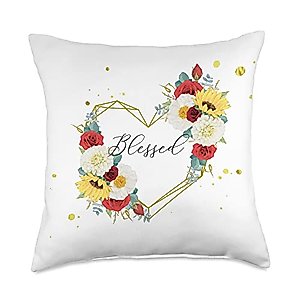 Pioneer Country Farm For Woman Pioneer Country Farm Blessed Peony Sunflower Heart Wreath Throw Pillow, 18x18, Multicolor