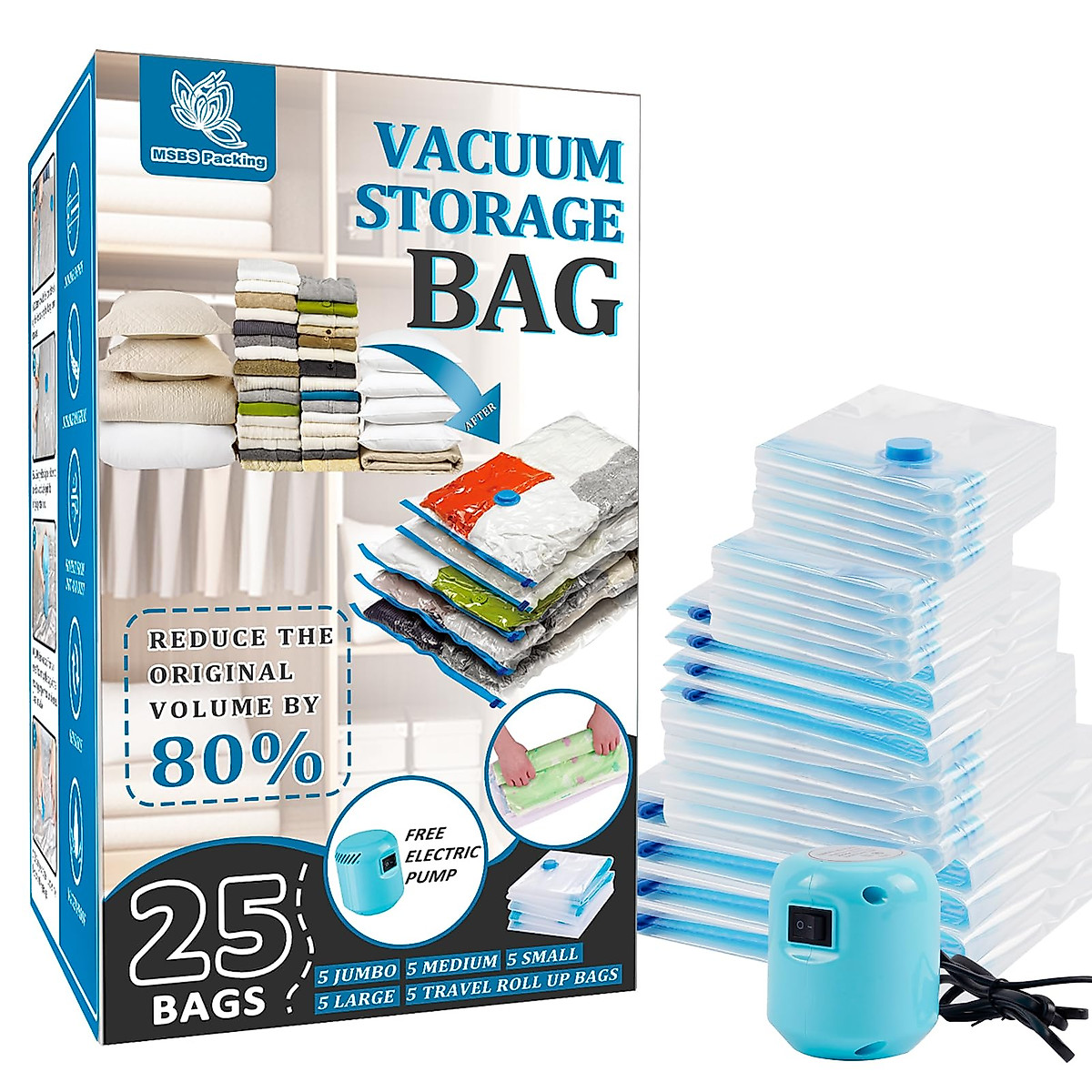 25 Pack Vacuum Storage Bags with Electric Pump, Space Saver Bags (5 Jumbo/5 Large/5 Medium/5 Small/5 Roll) Compression for Comforters and Blankets, Sealer Clothes Storage Travel Essentials