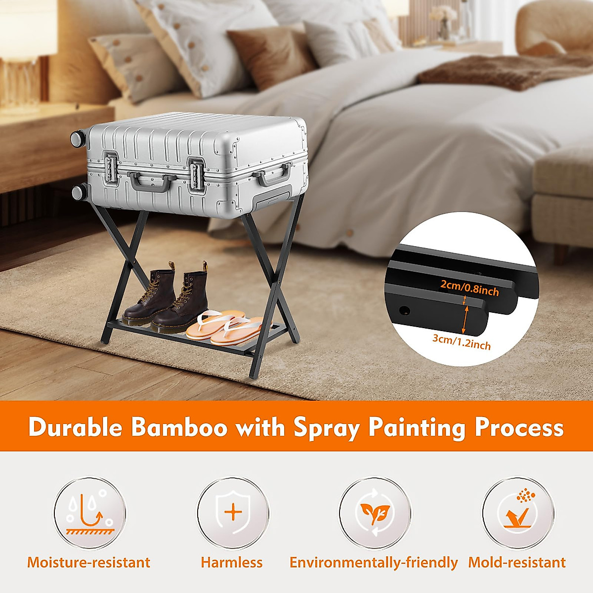 KONGKUNI 2-layer Luggage Rack for Guest Room, Foldable Suitcase Stands, Bamboo Luggage Holder with Storage Shelf, for Guest Room, Bedroom, Hotel,Holds up to 220 lb,Black