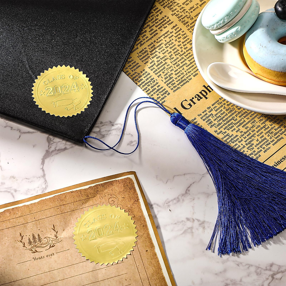 Zonon 240 Pcs Gold Embossed Graduation Seal Stickers Embossed Graduation Cap Diploma Gold Envelope Seals Certificate Class of 2024 Gold Foil Seals Stickers for Graduation Envelopes, 2 Inches