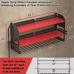 YYR Power Tool Organizer with Charging Station Wall Mount, Cordless Drill and Battery Holder for Garage Organization, Electric Tools Storage Rack Build in Surge Protection Power Strip - Red Shelf