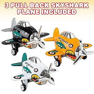 ArtCreativity Diecast Skyshark Planes with Pullback Mechanism, Set of 3, Diecast Metal Jet Plane Toys for Boys, Pull Back Airplane Party Favors, Goodie Bag Fillers for Kids