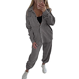 PRETTYGARDEN Women's 2 Piece Outfits Casual Corduroy Long Sleeve Button Down Jacket and Pants Tracksuit with Pockets (Grey,Large)