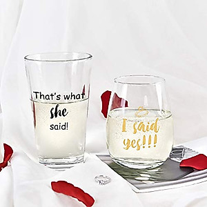 I Said Yes That’s What She Said Stemless Wine Glass and Beer Glass Combo, Good Engagement Gifts Unique Gifts for Couples Him Her Newlyweds Valentine’s Day Bridal Shower Wedding Gift, Set of 2