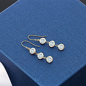Gem Stone King 14K Yellow Gold Sky Blue Aquamarine Dangle Long 3-Stone Earrings For Women (2.40 Cttw, Gemstone Birthstone, Round 5MM, 1 Inch)