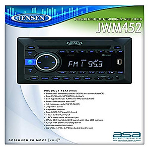 Jensen JWM452 2-Speaker Zones AM/FM|DVD|BT|AUX|USB Bluetooth Wall Mount Stereo, Front USB w/ MP3/WMA Playback, DVD/CD-R/RW Slot and MP3 Compatible, Front AUX A/V Input (3.5mm), Remote Control Included