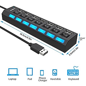 USB Hub Multi Port Splitter - LOBKIN 7 Port Data Hub USB 2.0 with Individual On/Off Switch and LED Lights Portable Desktop USB Hub Extender Ports for Laptop Computer PC MacBook