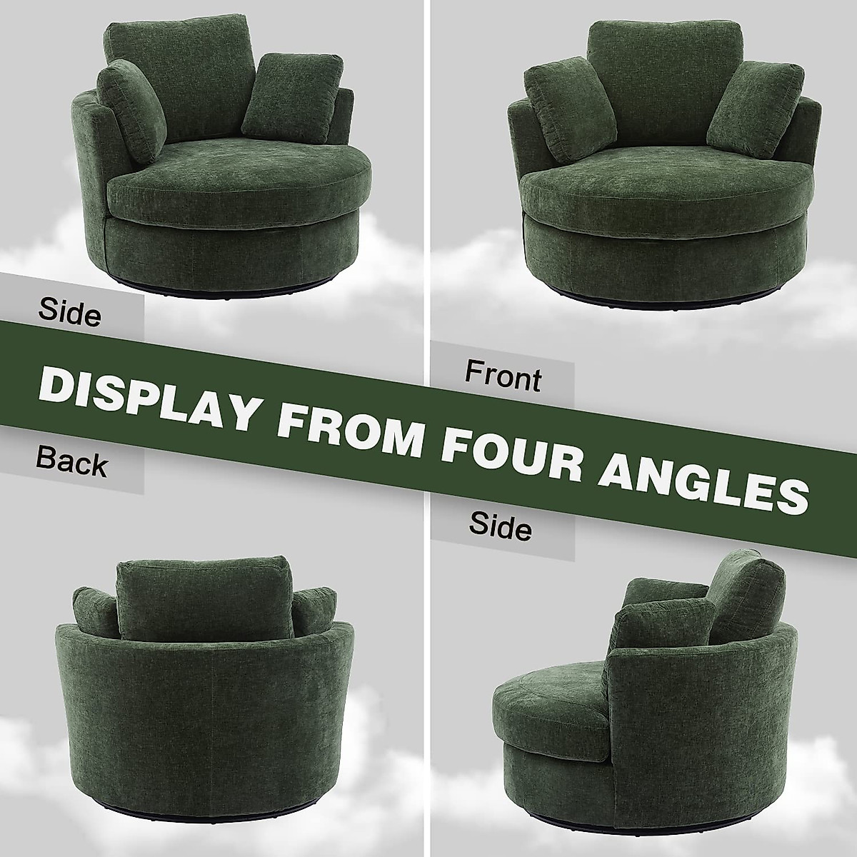 42.2" W Chenille Velvet Loveseat Sofa Swivel Barrel Chair for Bedroom with 4 Pillows, Mid Century Modern Accent Chair for Living Room, Comfy Reading Chair for Office/Library/Home, Green