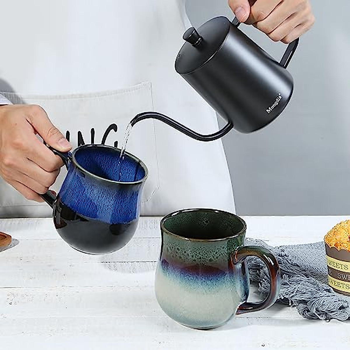 RELEDESA 16 Oz Large Ceramic Coffee Mug with Big Handle, Handmade Glazed Tea Cup for Office and Home, Microwave and Dishwasher Safe, Small Coffee Cups for Hot and Cold Drinking (Ink Green)