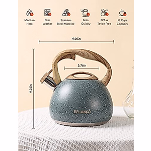 Tea Kettle, BELANKO 102 OZ / 3 Liter Whistling Tea Kettle, Tea Pots for Stove Top Food Grade Stainless Steel with Wood Pattern Handle, Loud Whistle Kettle for Tea, Coffee, Water, Milk - Black Green