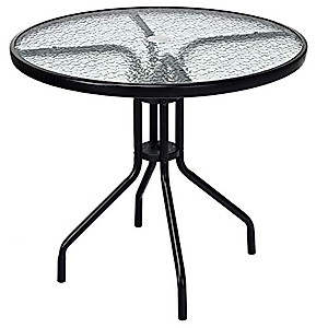 Goplus 32" Outdoor Round Patio Table with Umbrella Hole, All Weather Dining Table Tempered Glass Top, Bistro Table Coffee Table Furniture Commercial Party Event for Backyard Lawn Balcony Pool