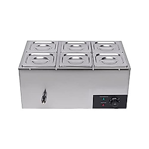 110V Commercial Food Warmer, 6-Pan Stainless Steel 19.2 Qt Capacity, 600W Steam Table 15cm/6inch Deep,Temp. Control 86-185, Electric Soup Warmer w/Lids