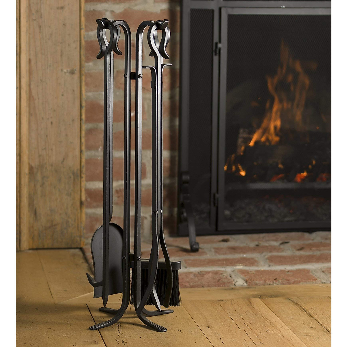 Plow & Hearth 5 Piece Hand Forged Iron Fireplace Tool Set with Poker | Tongs | Shovel | Broom | and Stand 7-in Diam. x 27.5 H Black