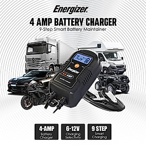 ENERGIZER 4-Amp 6V/12V Auto Charger, 9-Step Smart Battery Maintainer, Trickle Charger w/ LCD Display