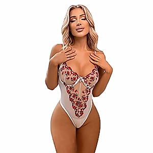 SOLY HUX Women's Floral Embroidered Mesh Sheer One Piece Lingerie Teddy Bodysuit Sleepwear White S