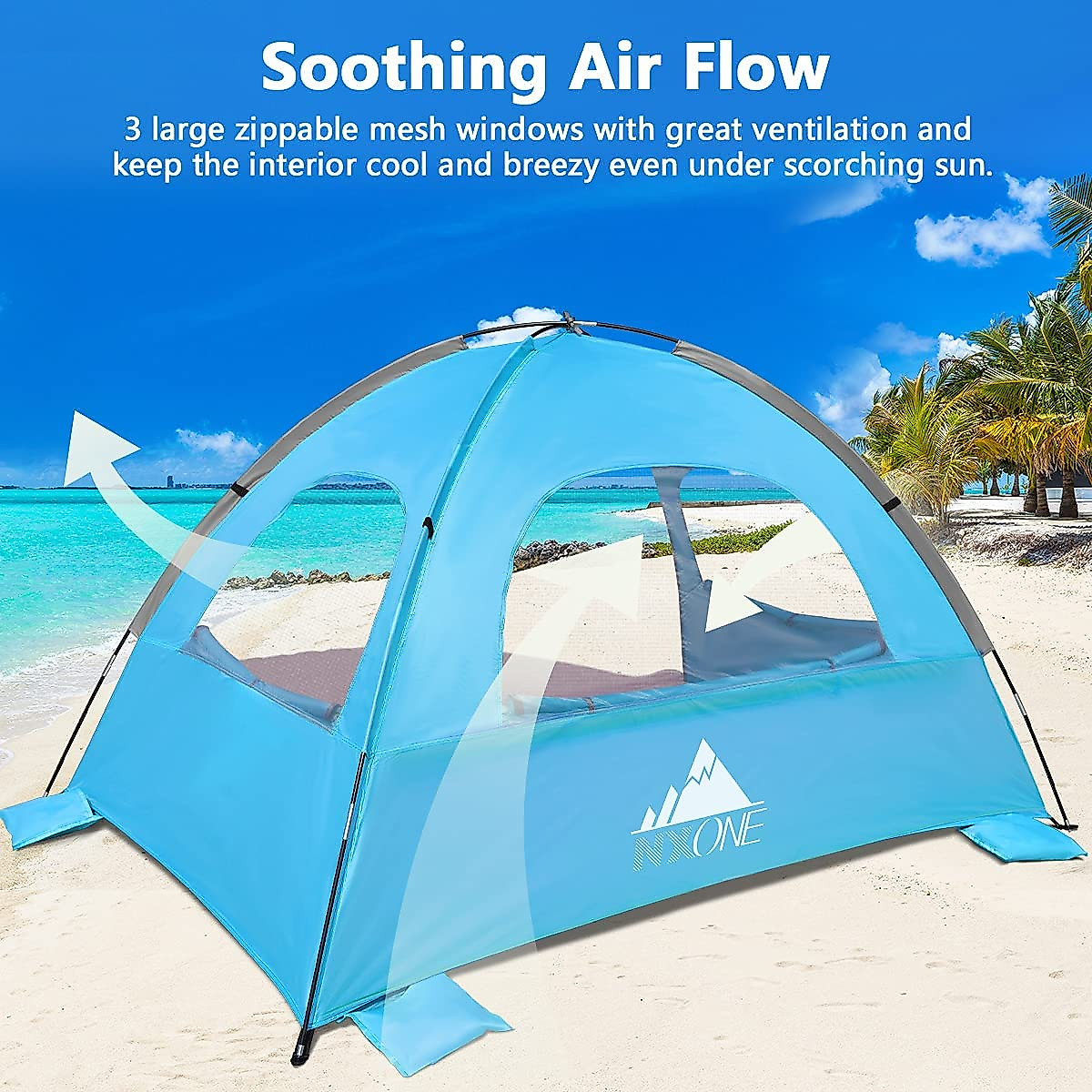 NXONE Beach Tent Sun Shade Shelter for 2-3 Person with UV Protection, Extended Floor, 3 Mesh Roll Up Windows & 8.0mm Fiberglass Rods丨Carry Bag Included (Ocean Blue)